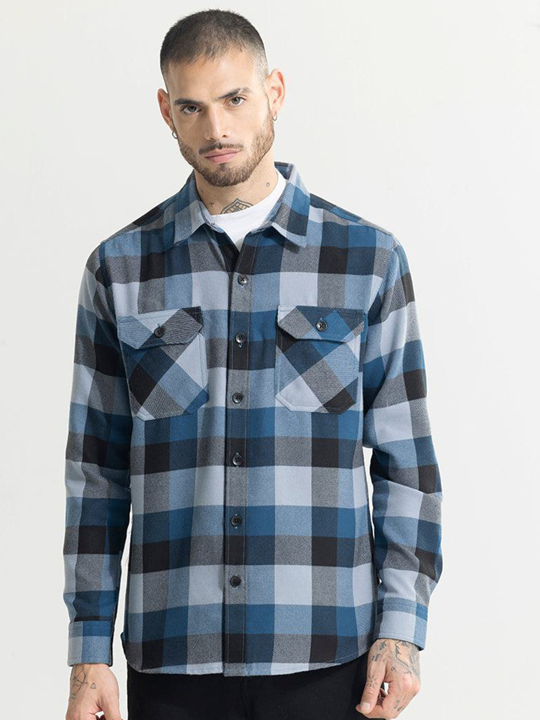 Buy Snitch Blue Classic Slim Fit Tartan Checked Cotton Shacket ...