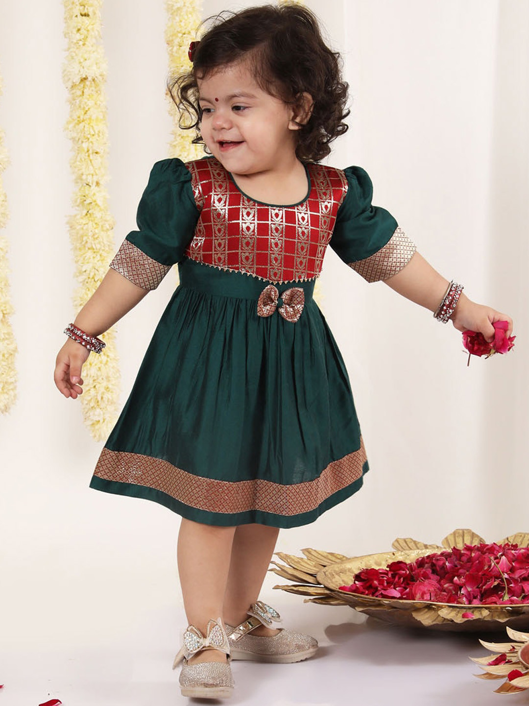 Buy VASTRAMAY Infant Girls Self Design Bow Fit & Flare Ethnic Dress ...
