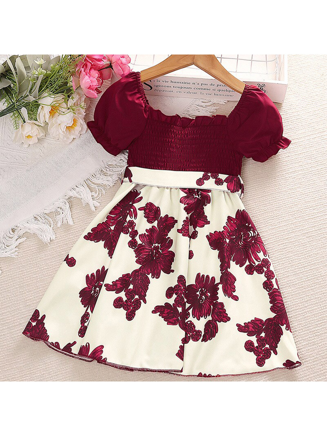 Buy StyleCast Maroon Girls Floral Print Puff Sleeve Fit & Flare Dress ...