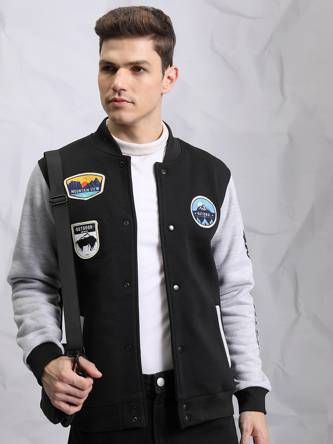 Buy KETCH Men Black Grey Stand Collar Sleeveless Patchwork Bomber ...