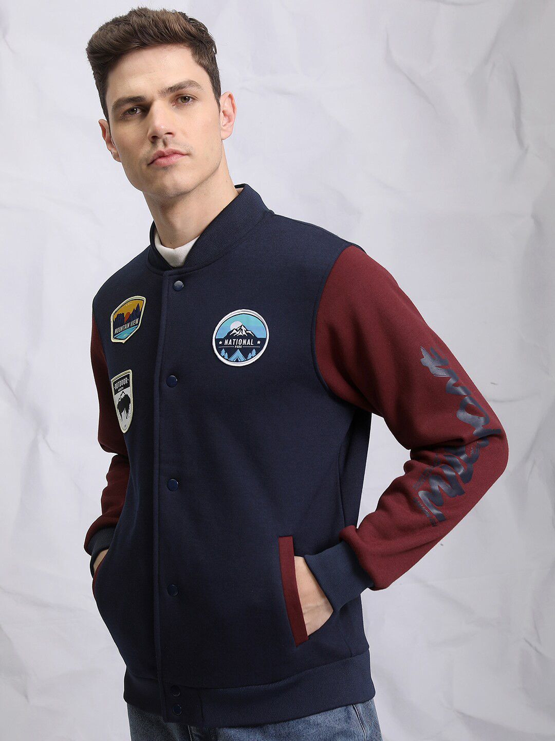 Buy KETCH Navy Blue Red Stand Collar Patchwork Bomber Jacket - Jackets ...