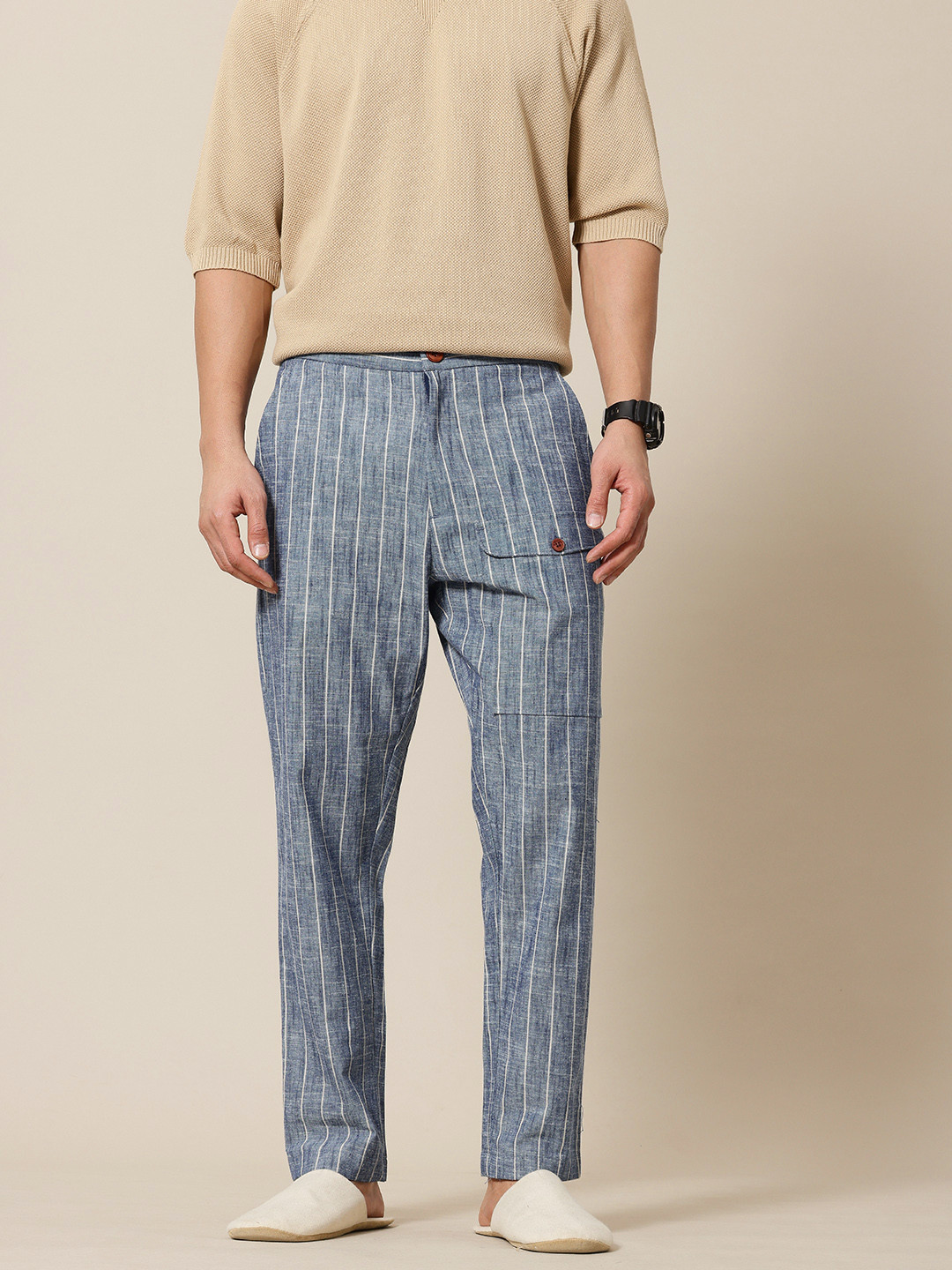 Buy Mr Bowerbird Men Liberal Fit Striped Cotton Linen Trousers ...