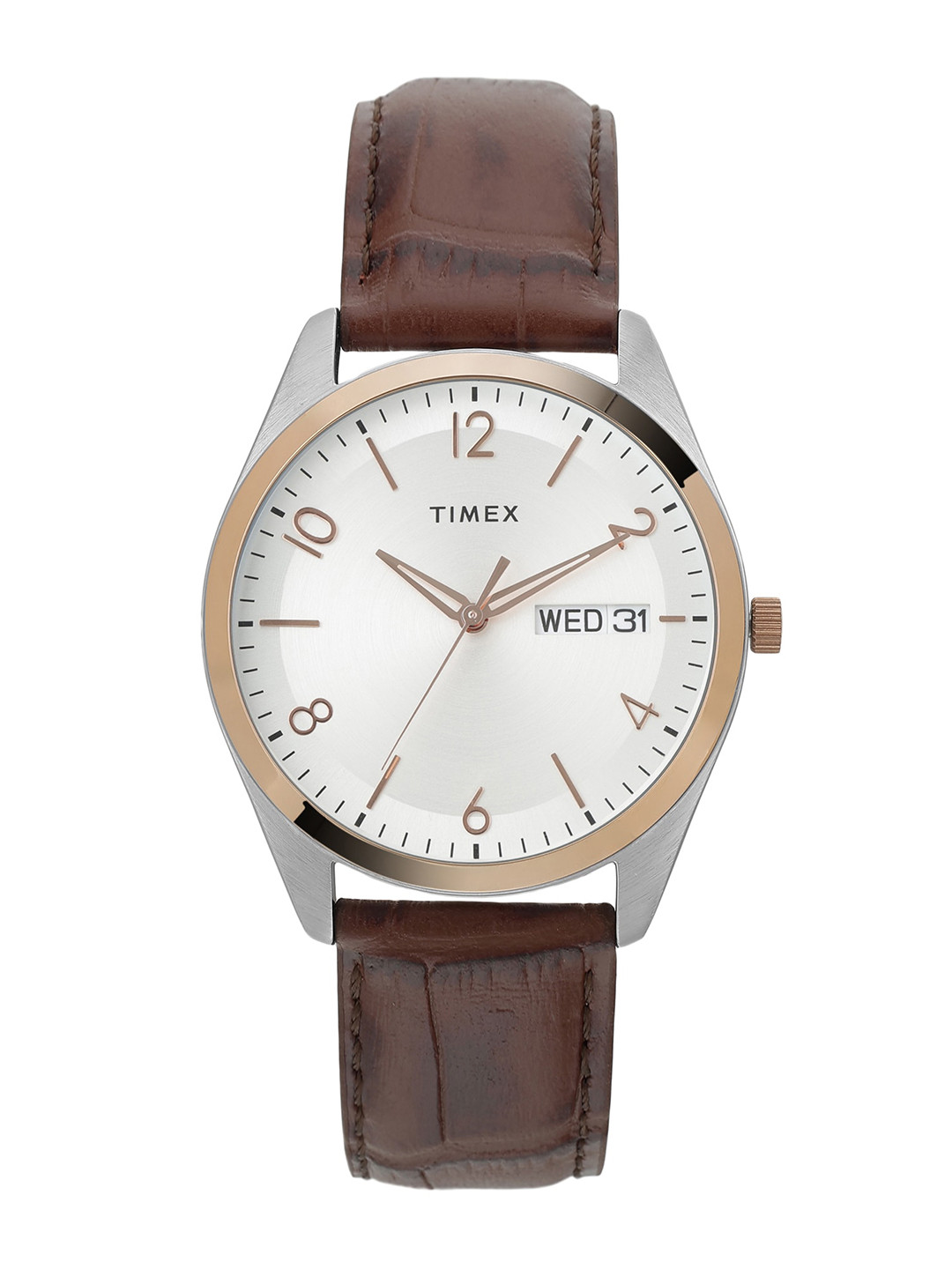 Buy Timex Silver Toned Brass Dial & Brown Leather Straps Analogue Watch ...