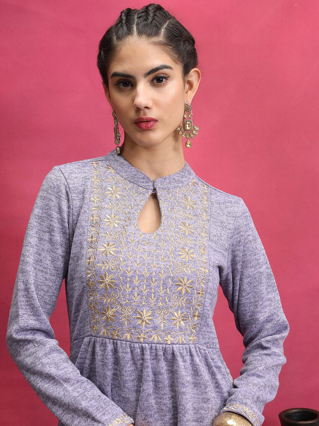 Buy Vishudh Lavender Ethnic Motifs Embroidered Mandarin Collar Kurta ...