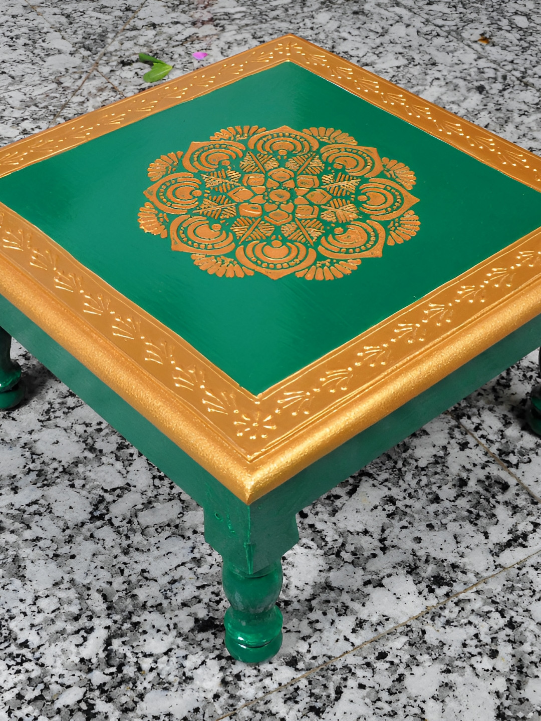 Buy Lal Haveli Green & Gold Toned Wooden Small Pooja Stool Bajot Square ...