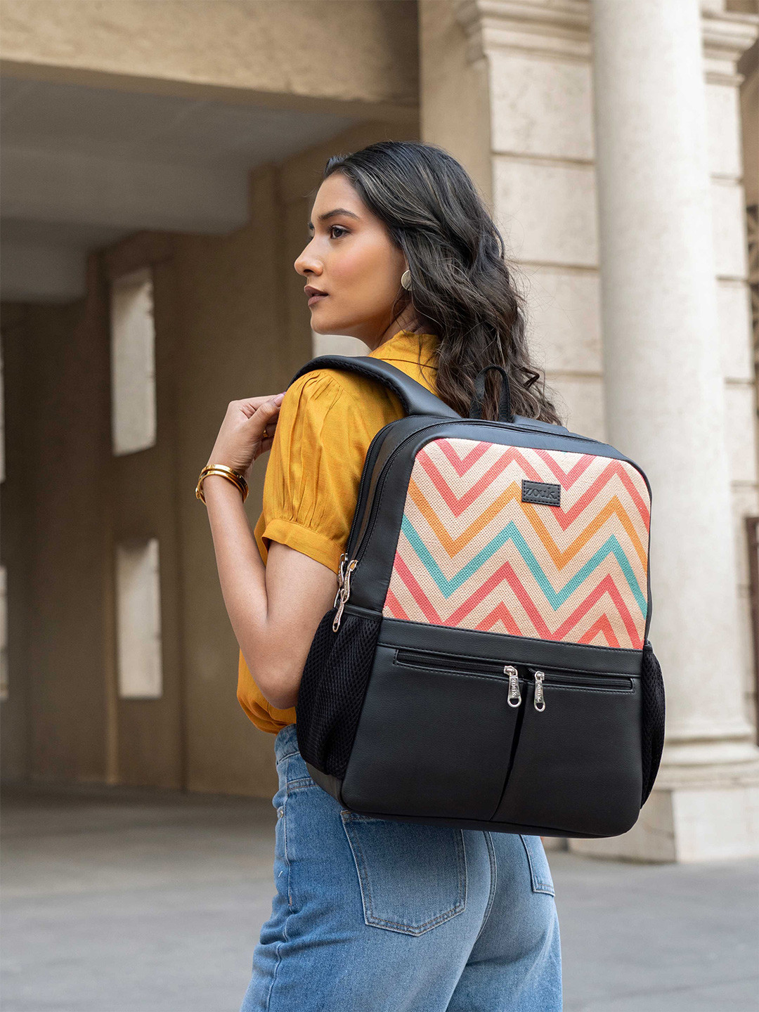 Buy ZOUK Women Chevron Printed Vegan Leather Backpack With Compression ...