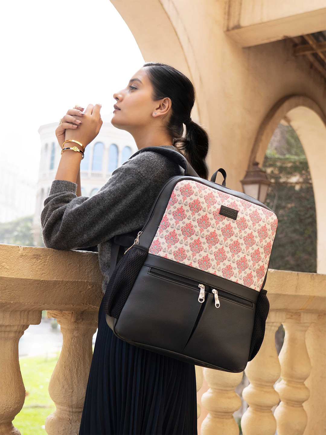 Buy ZOUK Women Ethnic Printed Vegan Leather Backpack With Compression ...