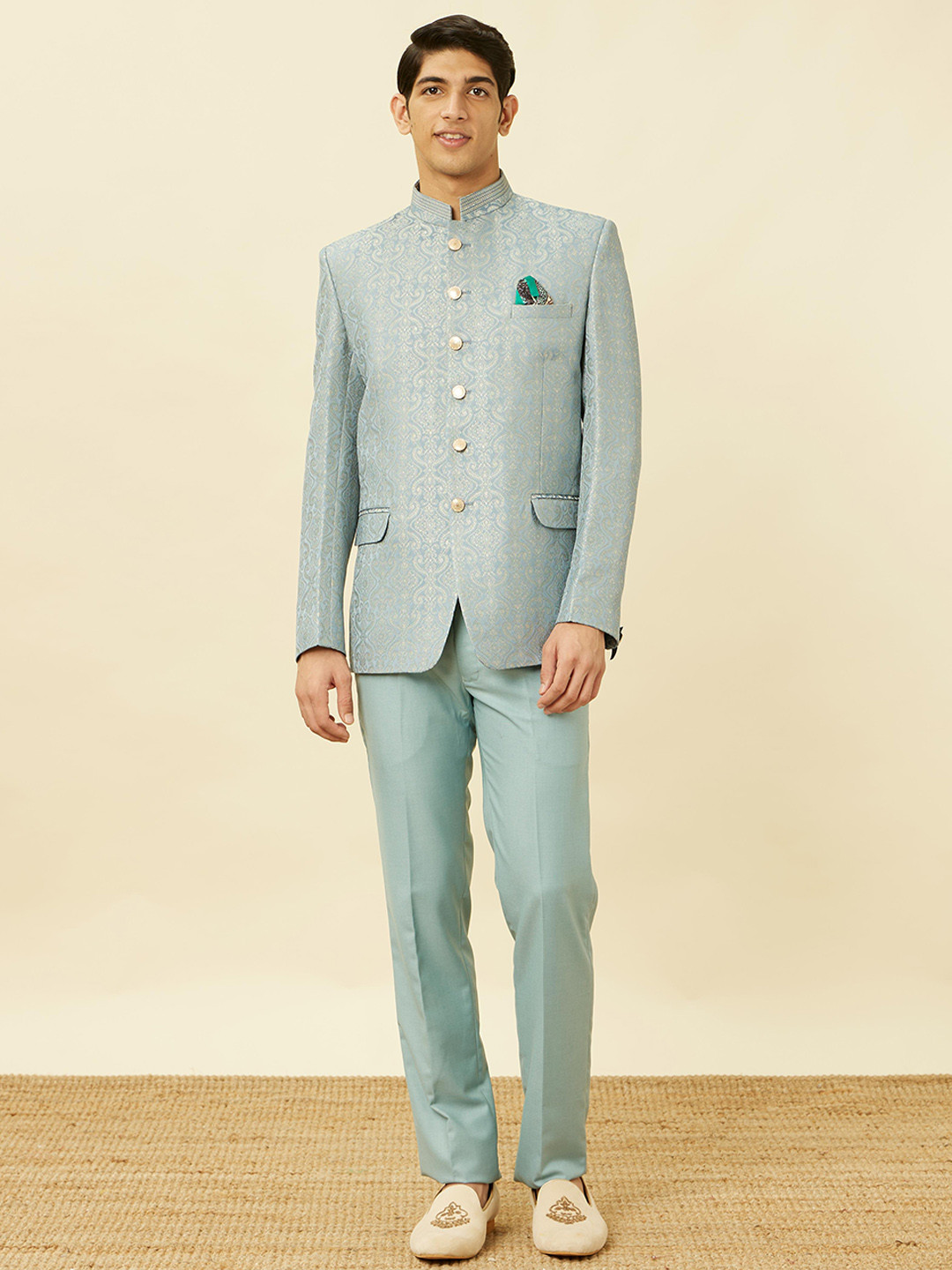 Buy Manyavar Self Design Mandarin Collar Brocade Three Piece Bandhgala ...