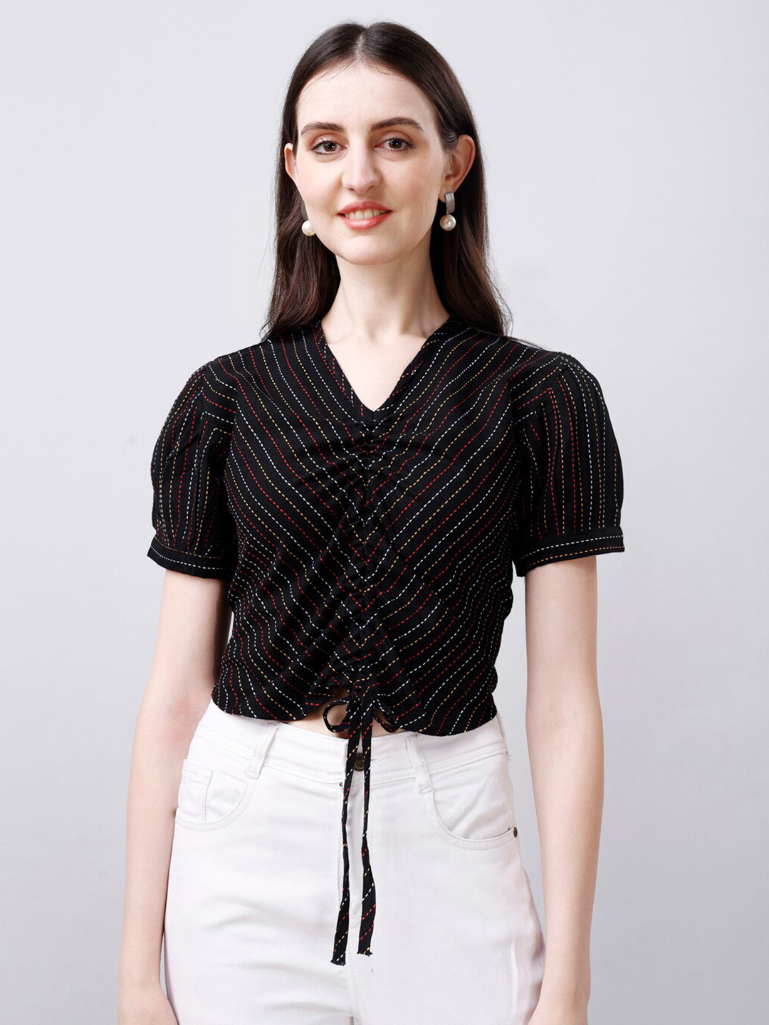 Buy Kinjo Striped V Neck Puff Sleeves Tie Ups Detail Cotton Shirt Style Top - Tops for Women ...