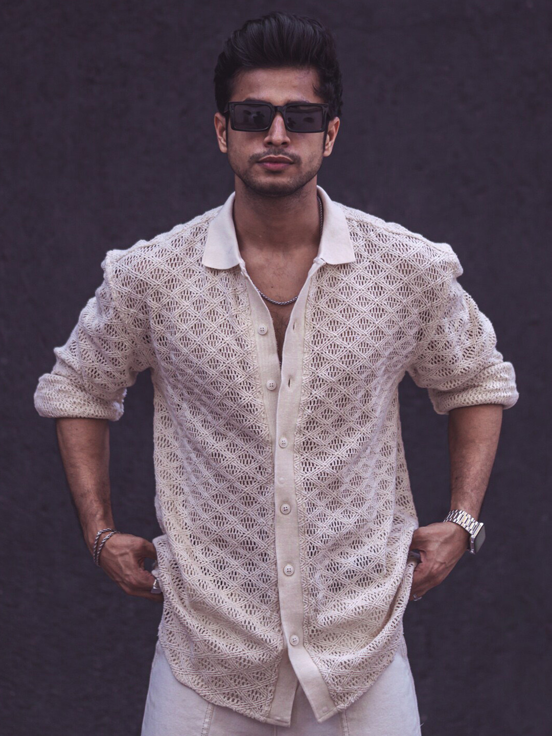 Buy Powerlook White India Slim Oversized Geometric Self Design Crochet ...