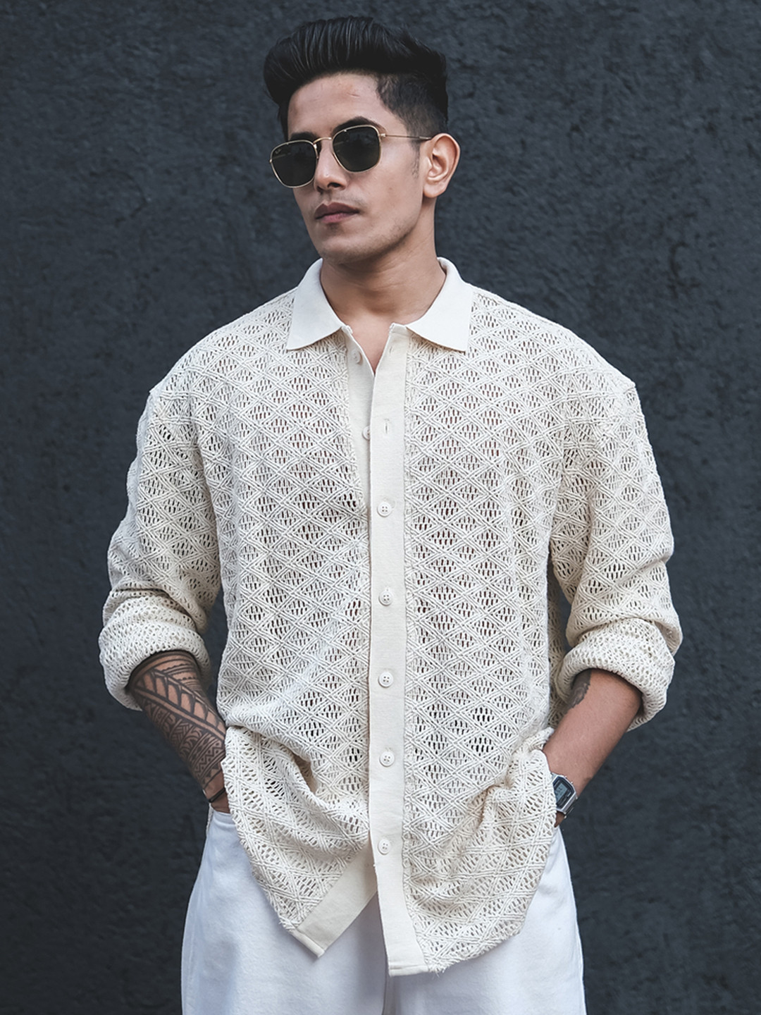 Buy Powerlook White India Slim Oversized Geometric Self Design Crochet ...