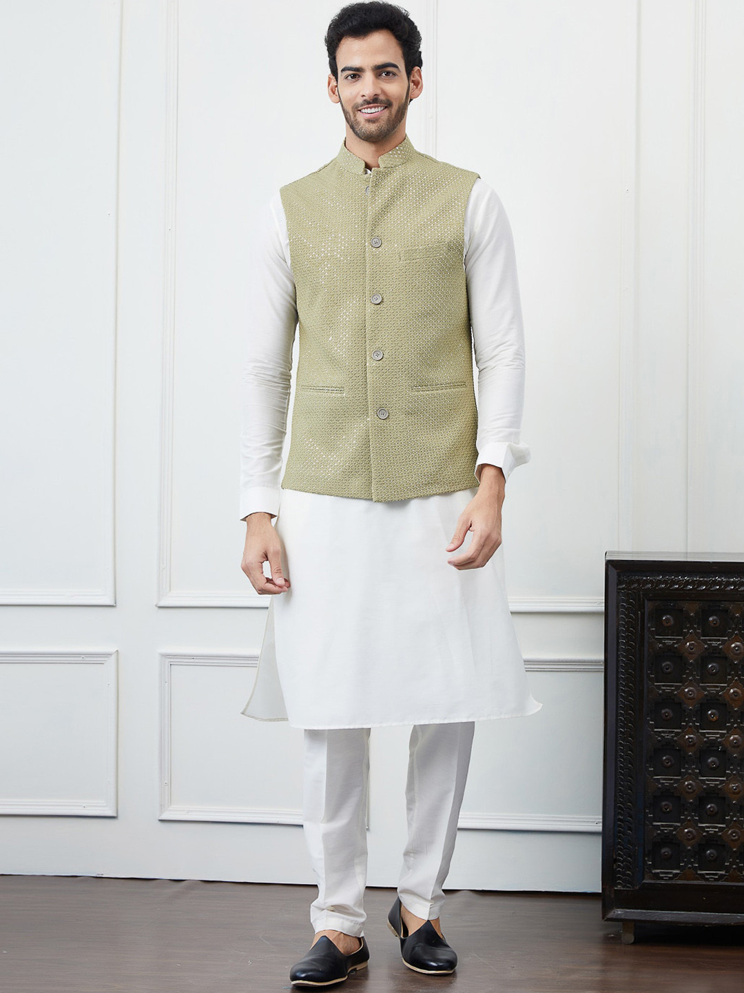 Buy See Designs Embroidered Pure Cotton Slim Fit Nehru Jacket - Nehru ...