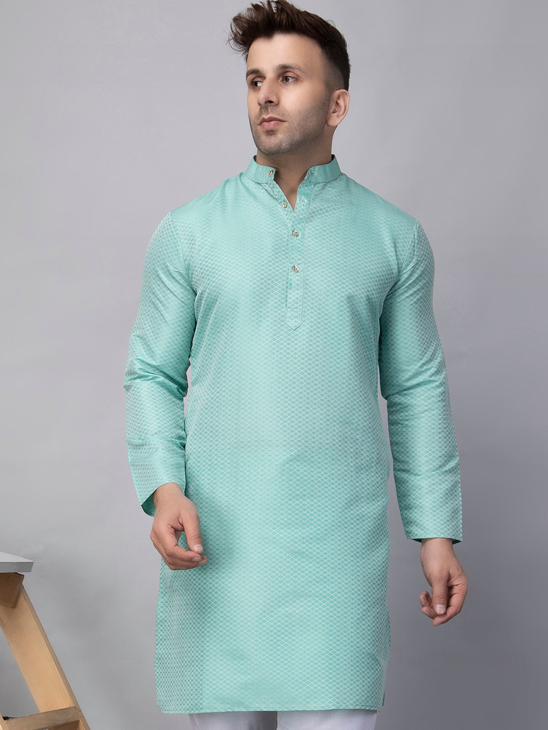 Buy Hangup Plus Woven Design Mandarin Collar Full Sleeves Straight ...