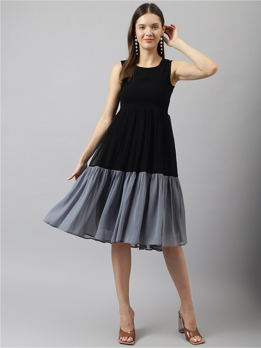Buy KERI PERRY Round Neck Sleeveless Georgette Fit & Flare Mini Dress ...