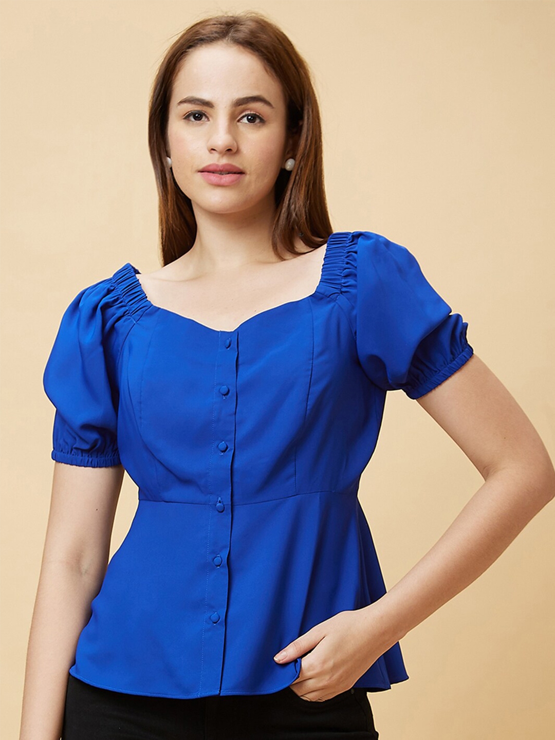 Buy Globus Blue Sweetheart Neck Puff Sleeves Peplum Top Tops For