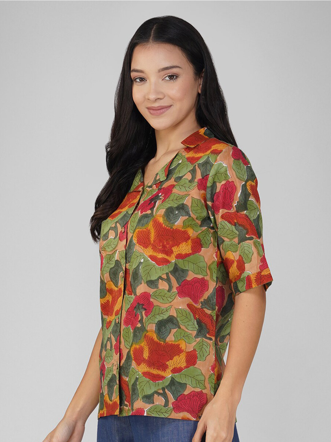 Buy SPARSA Classic Floral Printed Cuban Collar Pure Cotton Casual Shirt ...