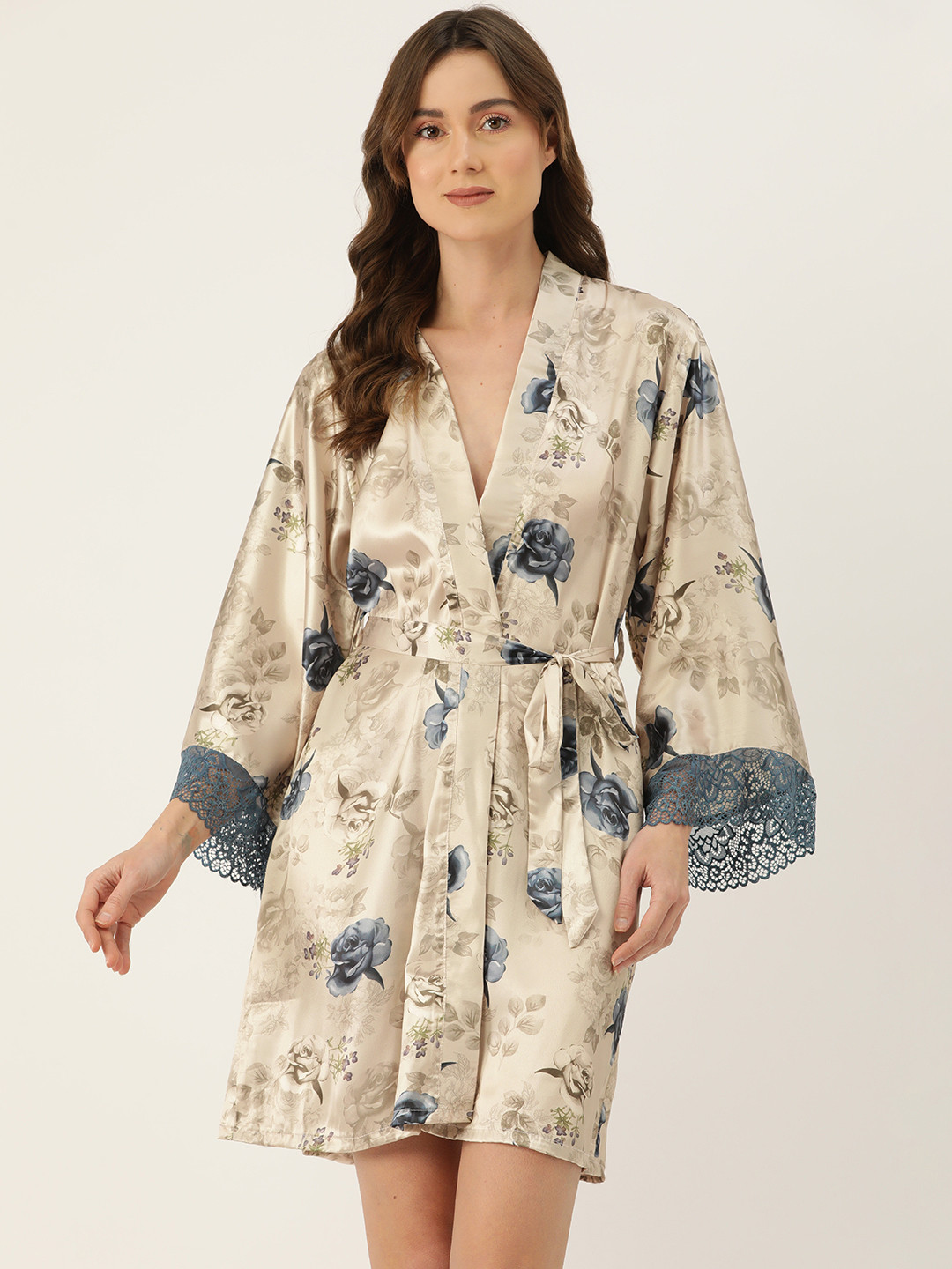 Buy Ms.Lingies Women Printed Satin Robe With Lace Detail - Robe for ...