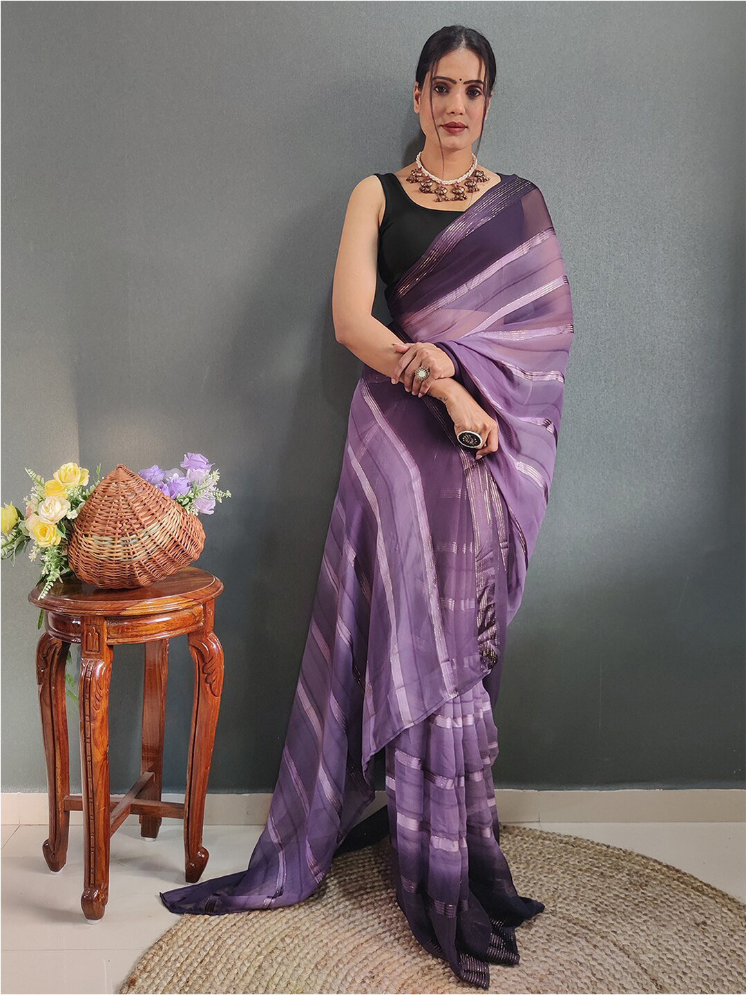 Buy Satrani Striped Zari Poly Georgette Ready To Wear Saree - Sarees ...