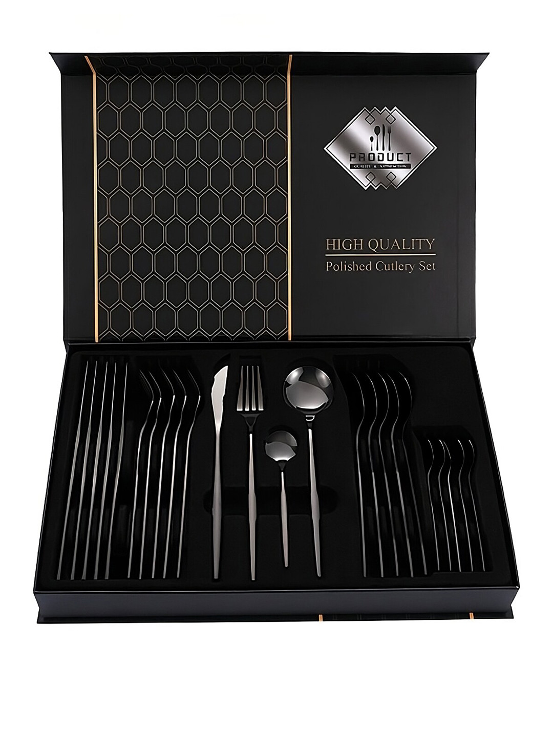 Buy BonZeaL Black 24 Pieces Stainless Steel Mirror Finish Cutlery Sets ...
