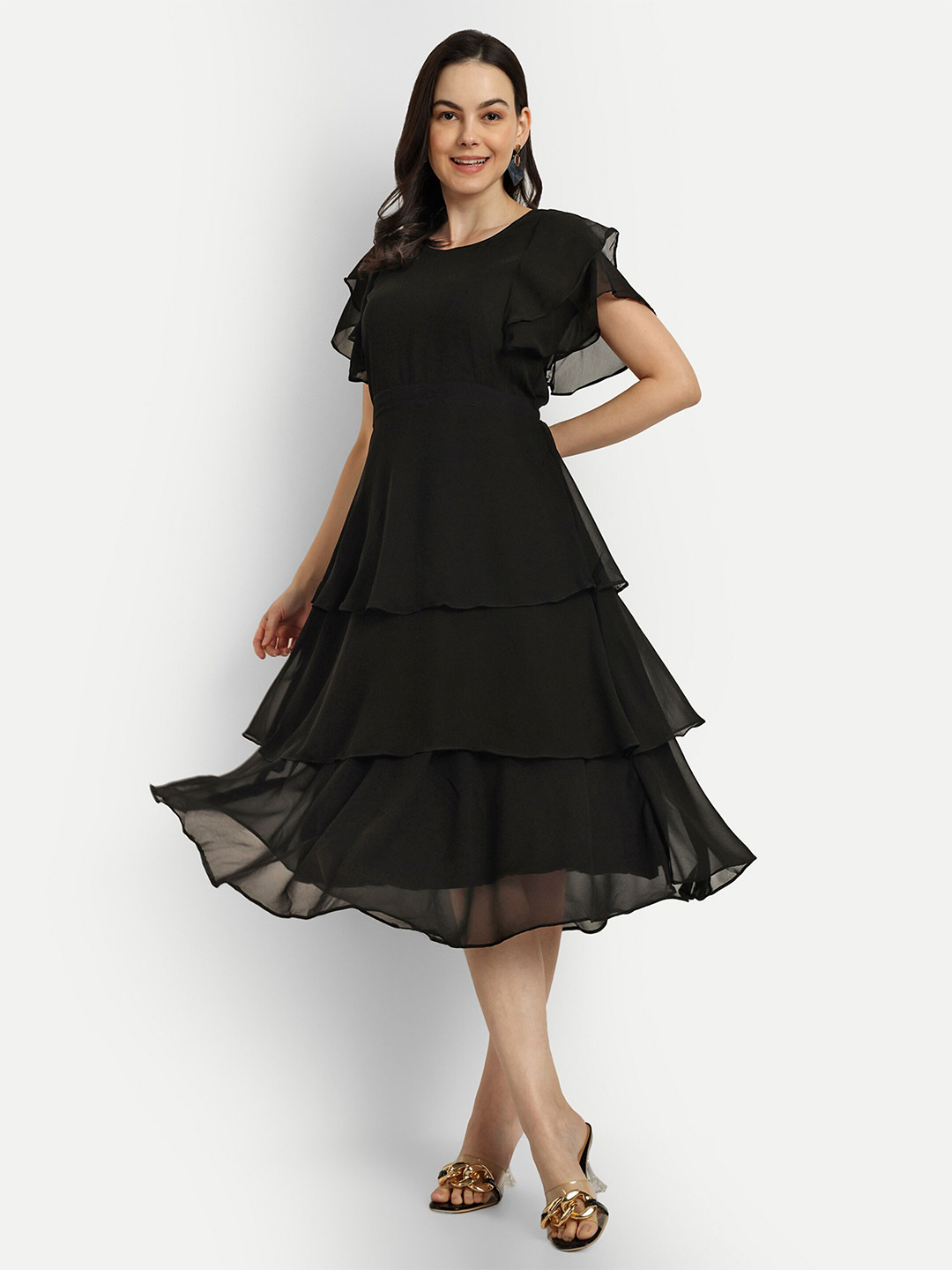 Buy SHINISHA Flared Sleeve Georgette Fit & Flare Midi Dress - Dresses ...