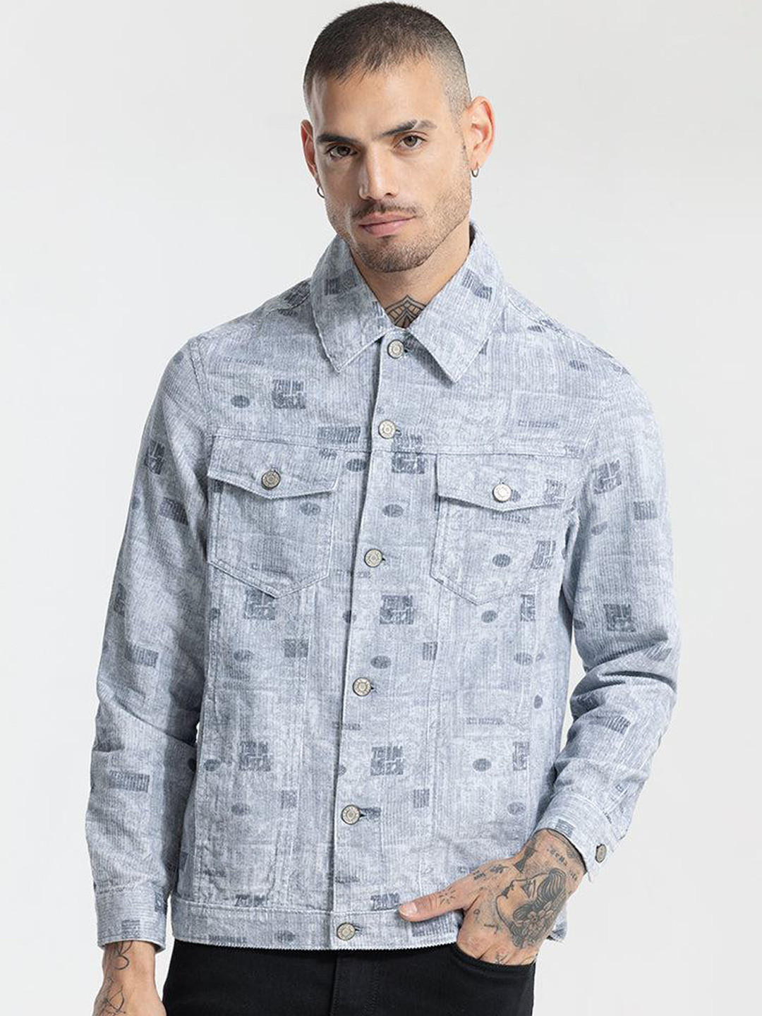 Buy Snitch Blue Spread Collar Cotton Denim Jacket - Jackets for Men ...