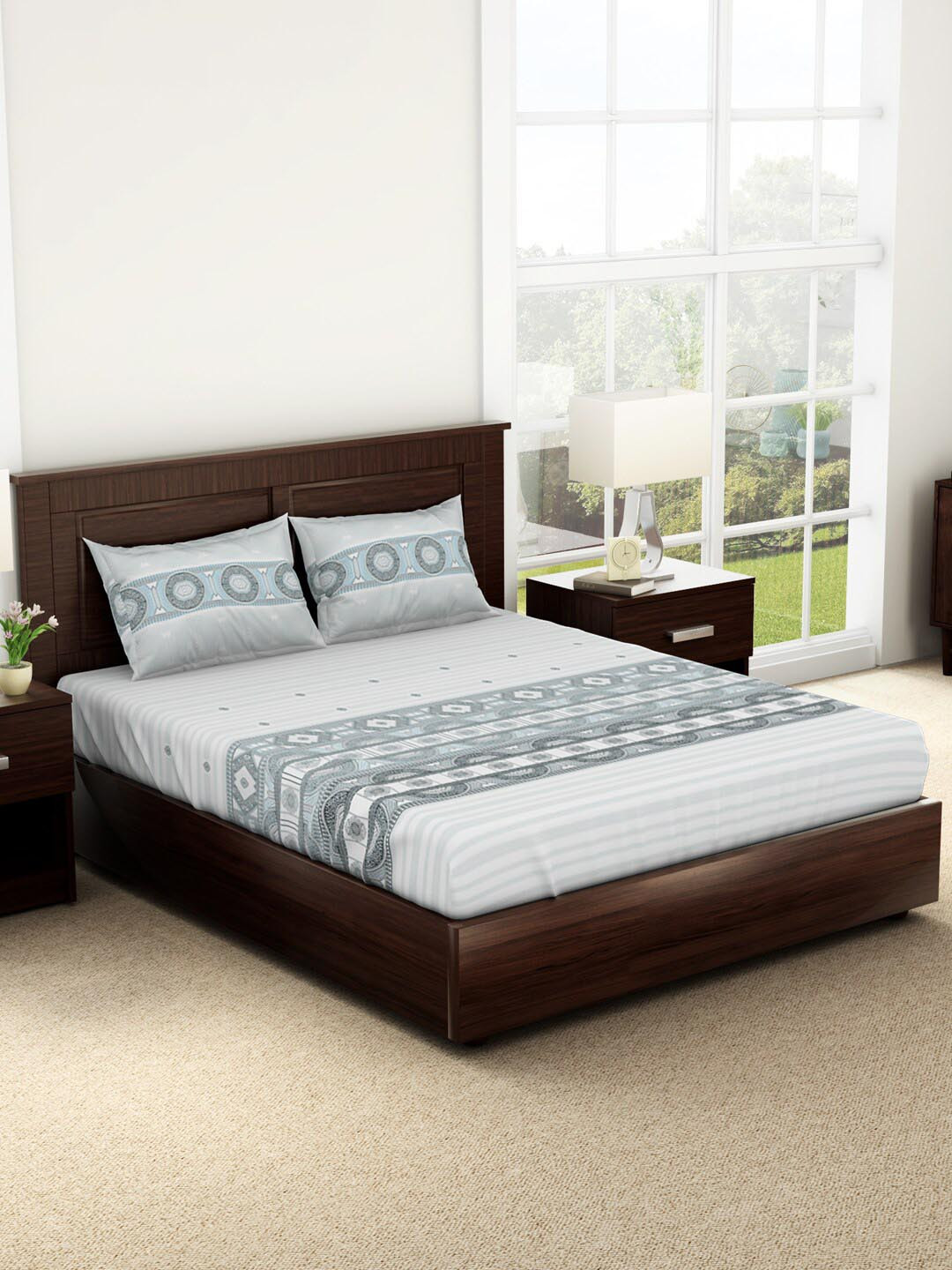 Buy SPACES Evoke Blue Geometric 144 TC King Bedsheet With 2 Pillow ...