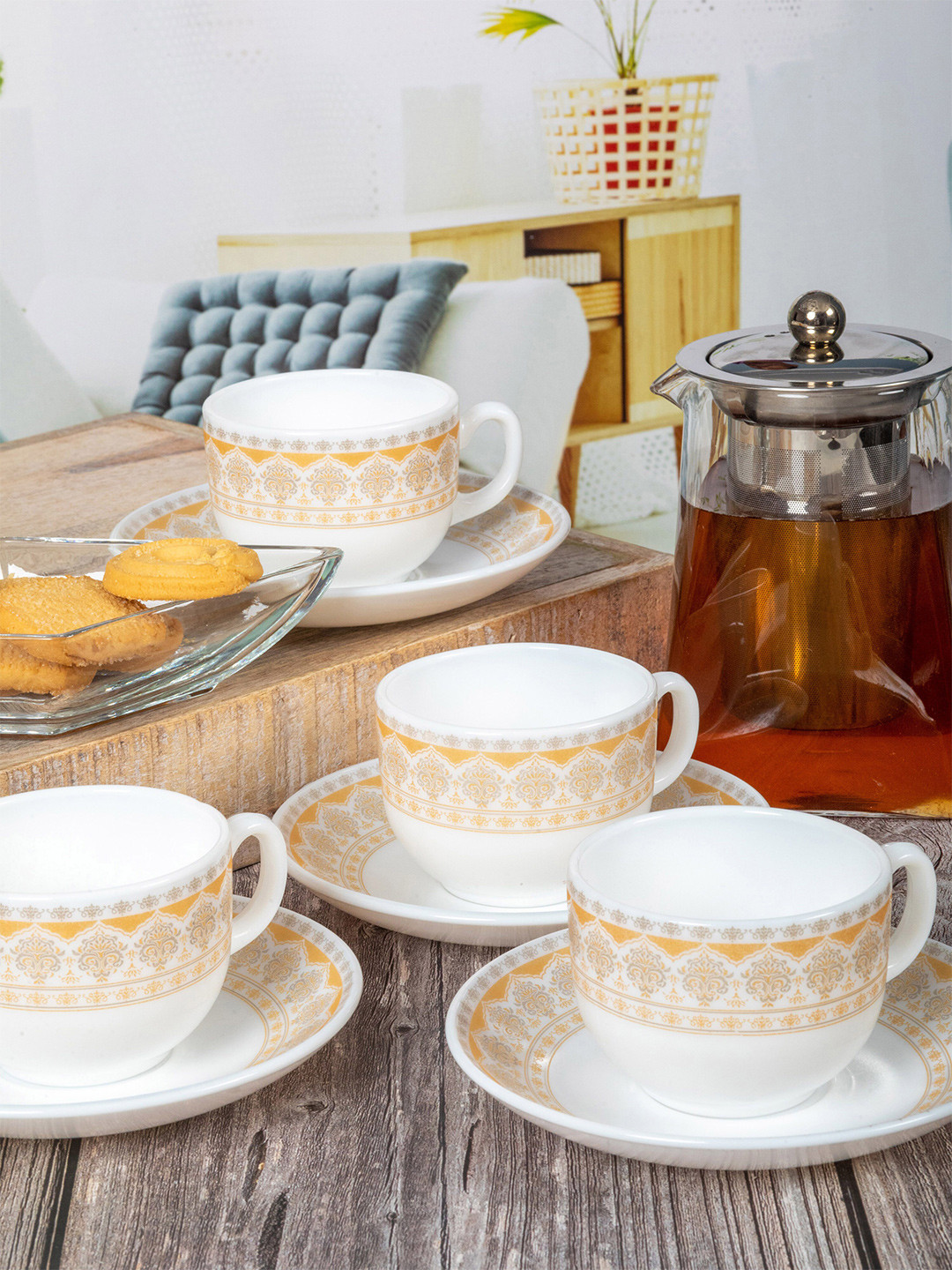 Buy Cello 12 Pieces White & Orange Floral Printed Opalware Cups And ...