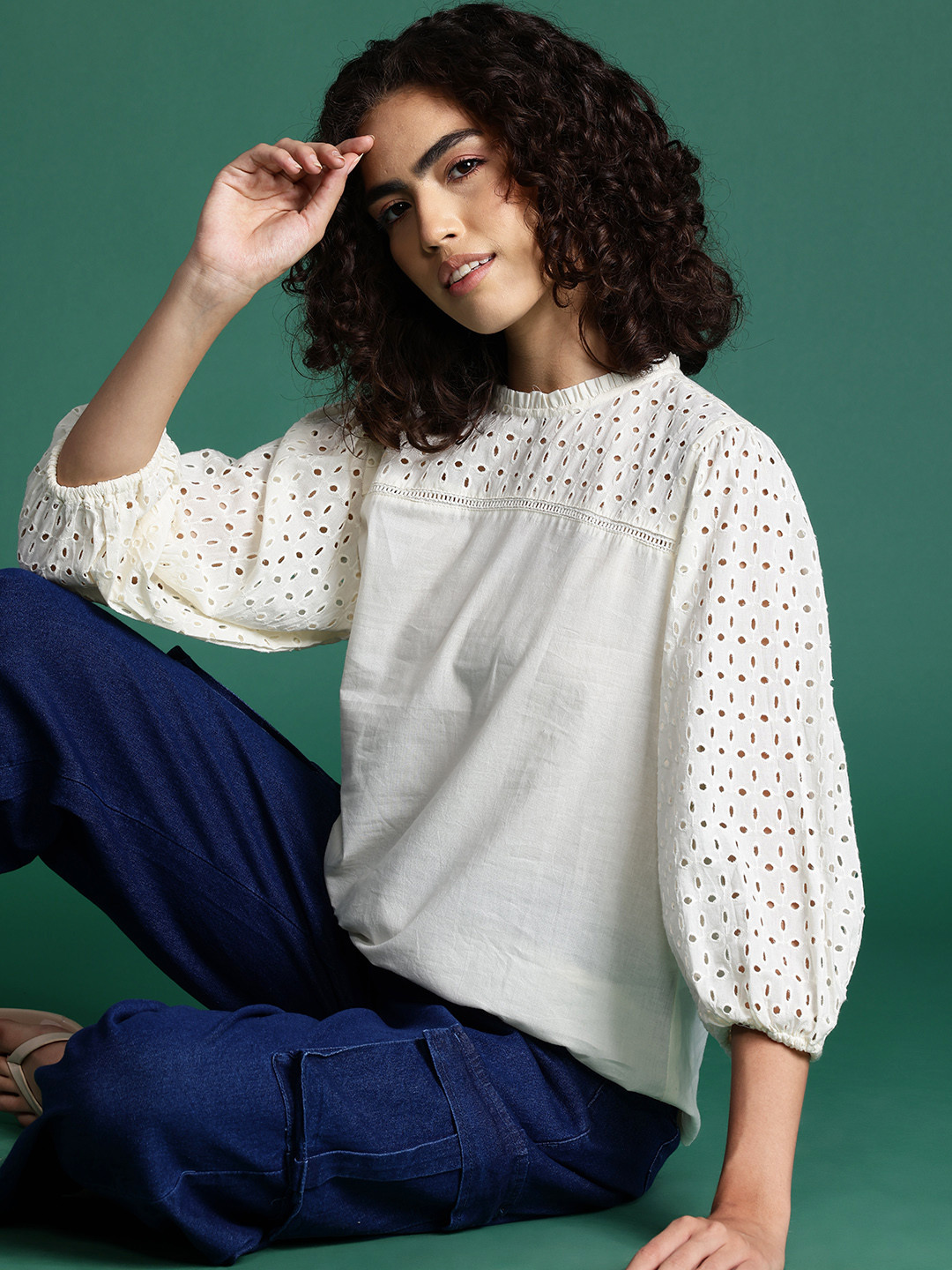 Buy DressBerry Puff Sleeve Cotton Schiffli Top - Tops for Women ...