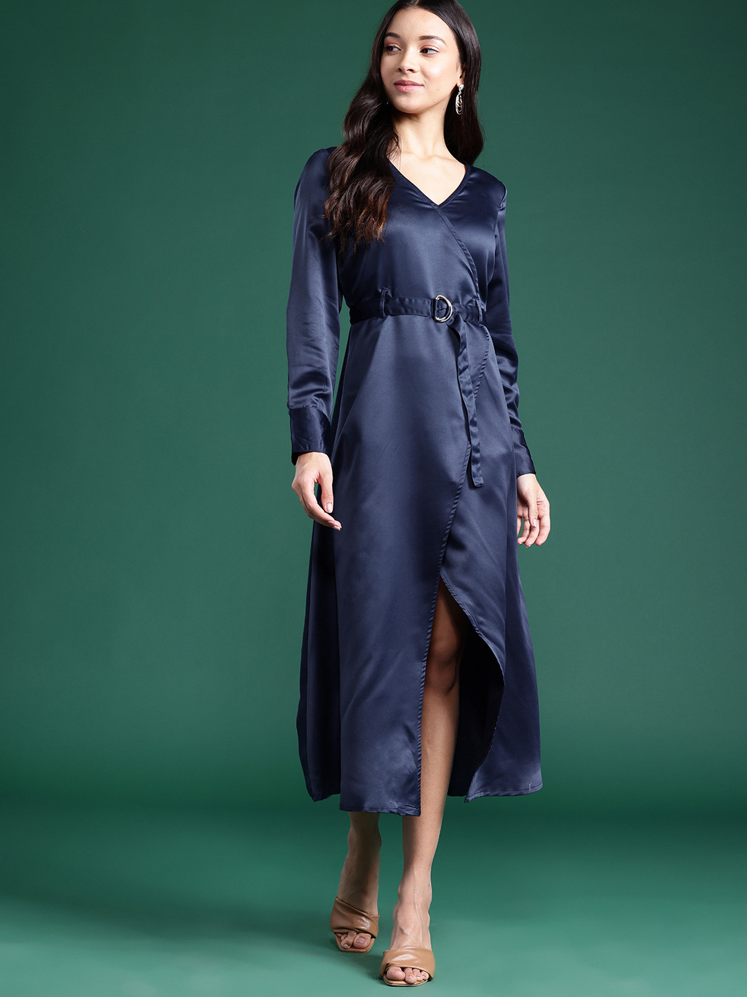 Buy DressBerry Glam Satin Finish Belted Sheath Midi Dress - Dresses for ...