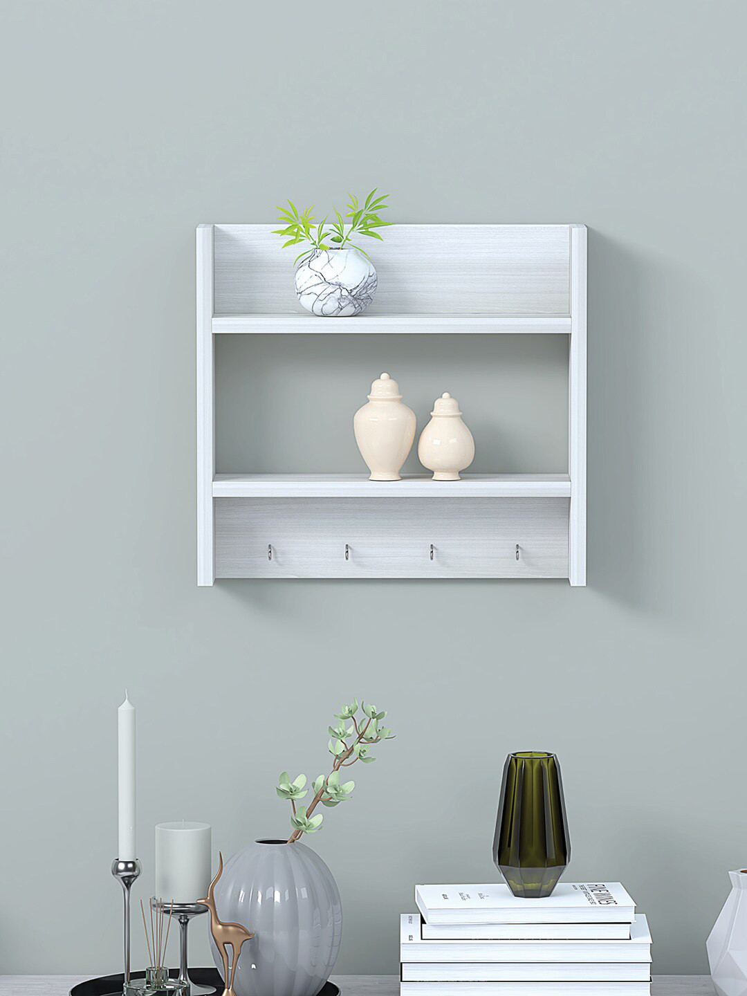 Buy RANDOM White Wooden Basic Wall Shelf With Key Holders - Wall ...