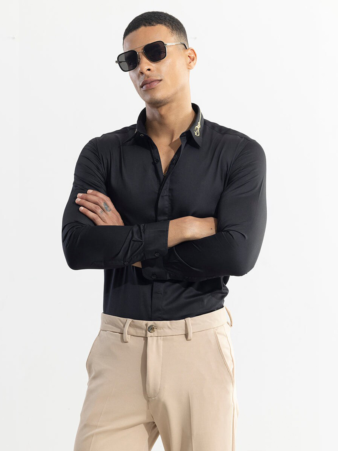 Buy Snitch Thread Work Spread Collar Classic Cotton Slim Fit Casual ...