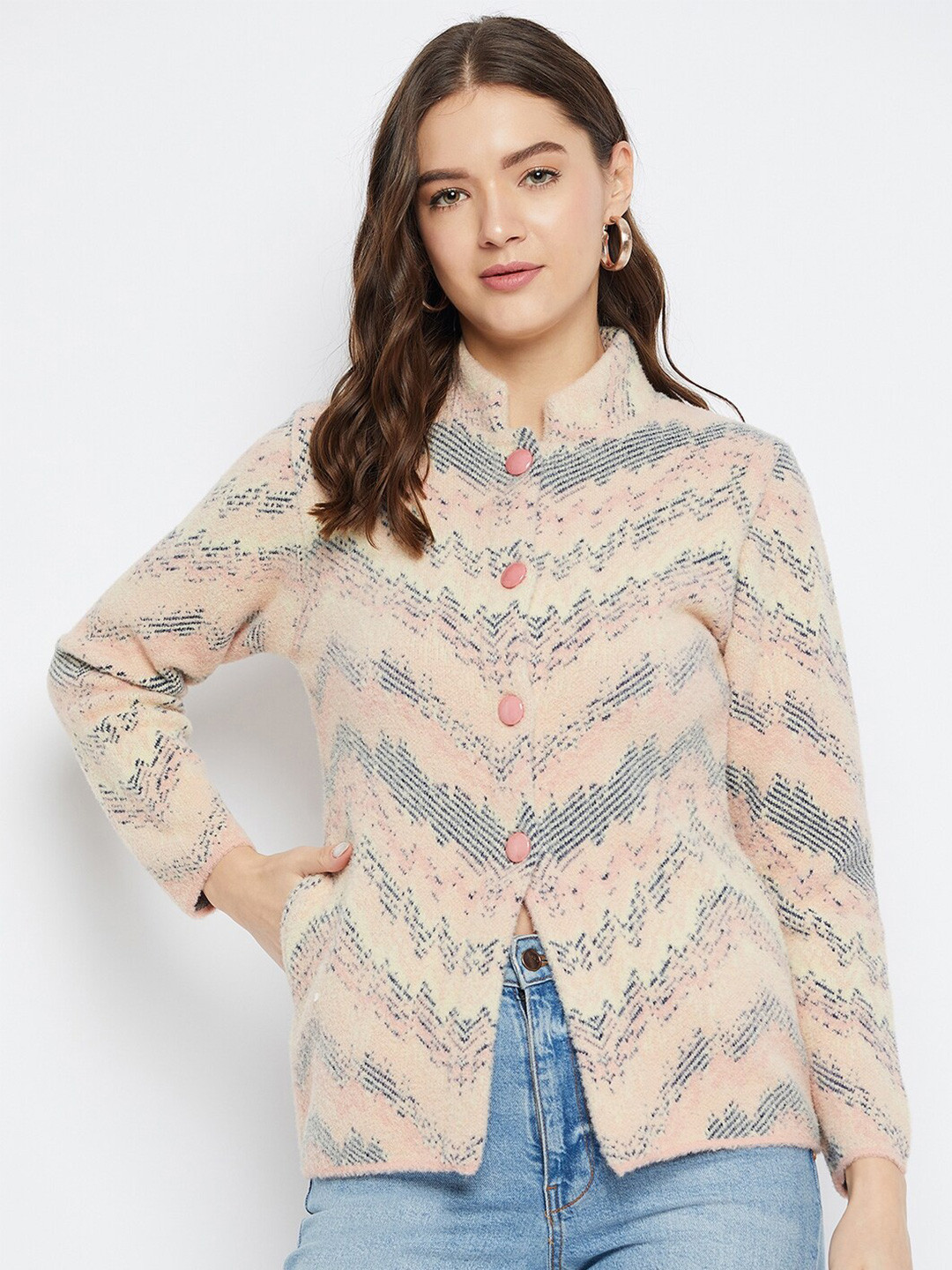 Buy Zigo Abstract Self Design Mock Collar Woollen Cardigan Sweater ...