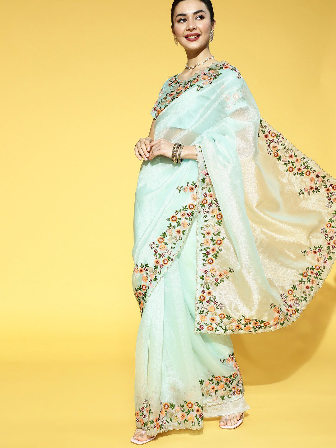 Buy Somras Ethnic Motifs Beads And Stones Organza Saree - Sarees for ...