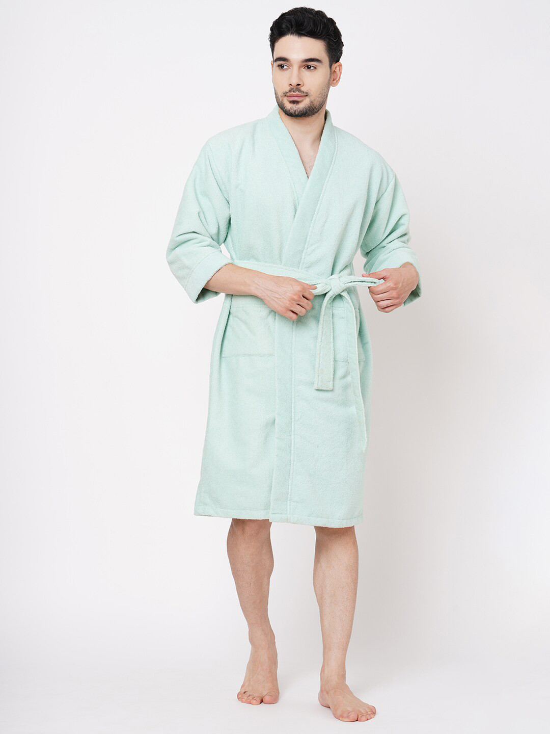 Buy Welspun Sea Green Pure Cotton Bath Robe - Bath Robe for Men ...
