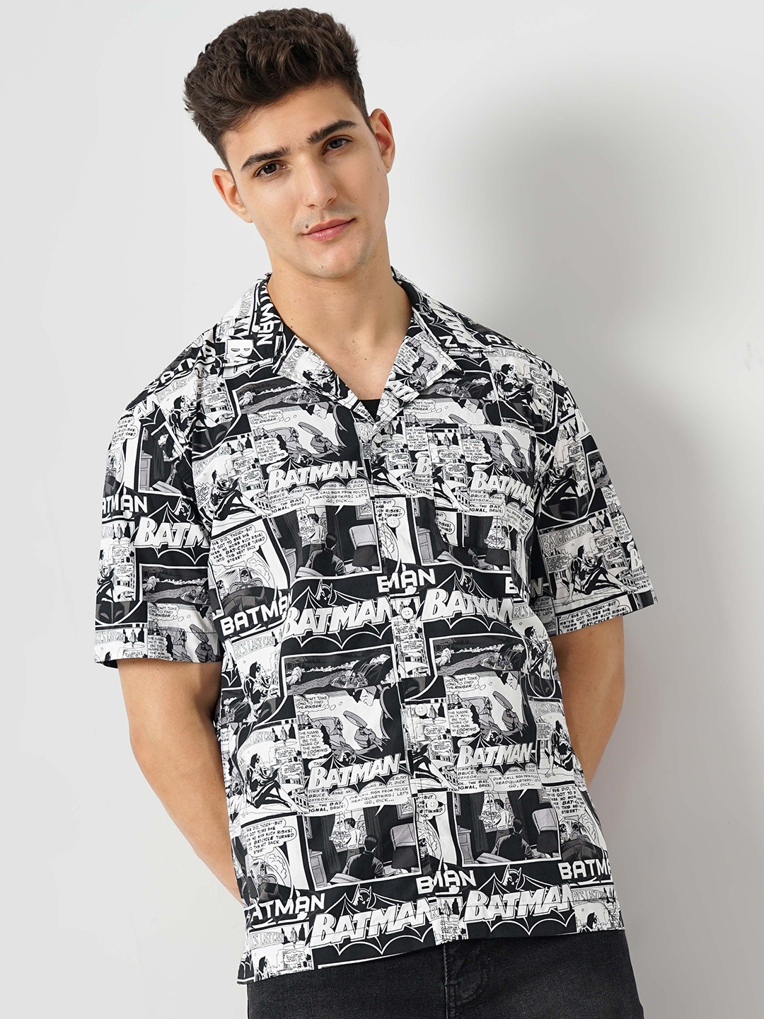 Buy Celio Classic Typography Batman Printed Cuban Collar Cotton Casual ...