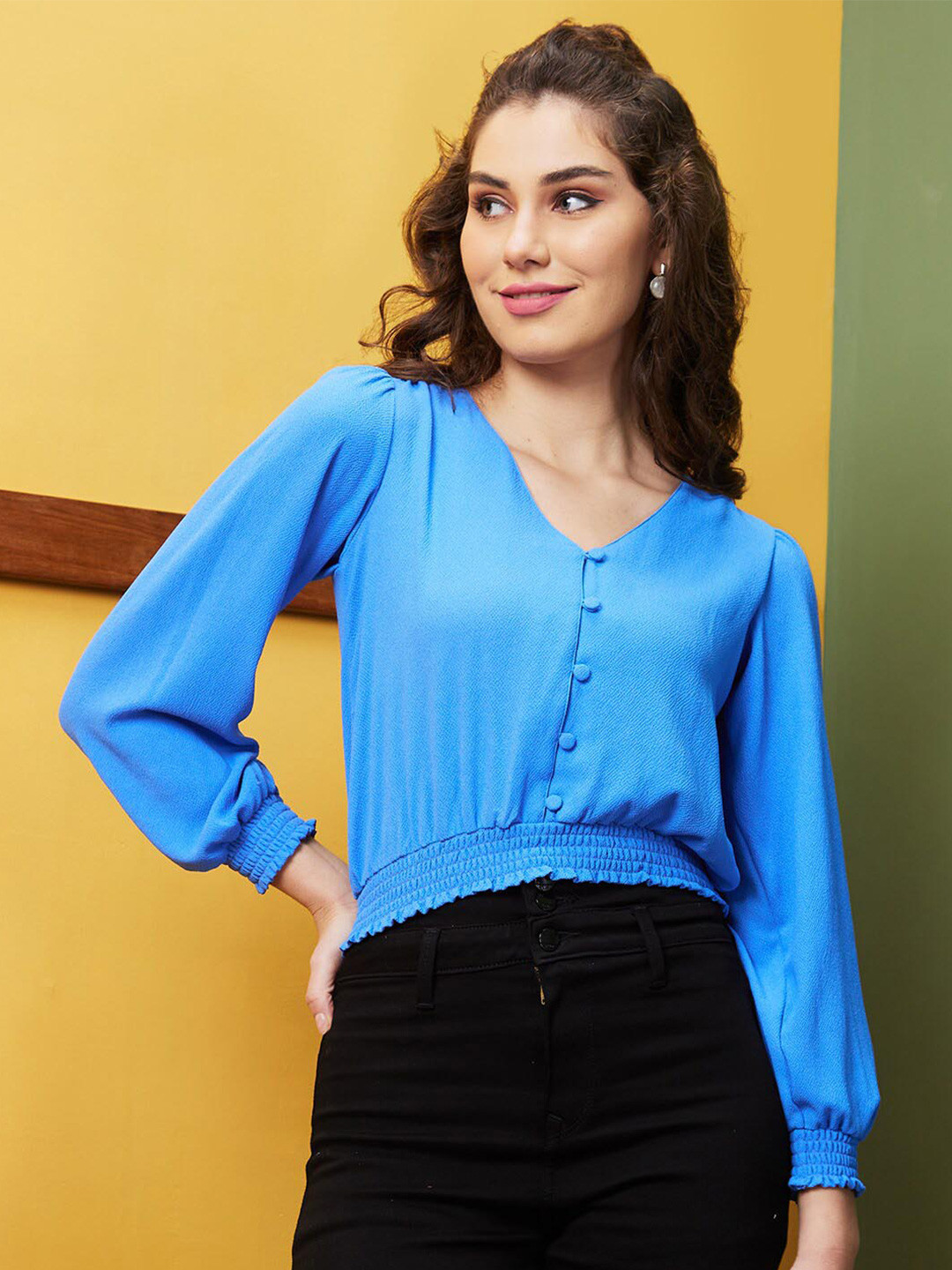 Buy Globus Blue V Neck Bishop Sleeves Blouson Crop Top - Tops for Women ...