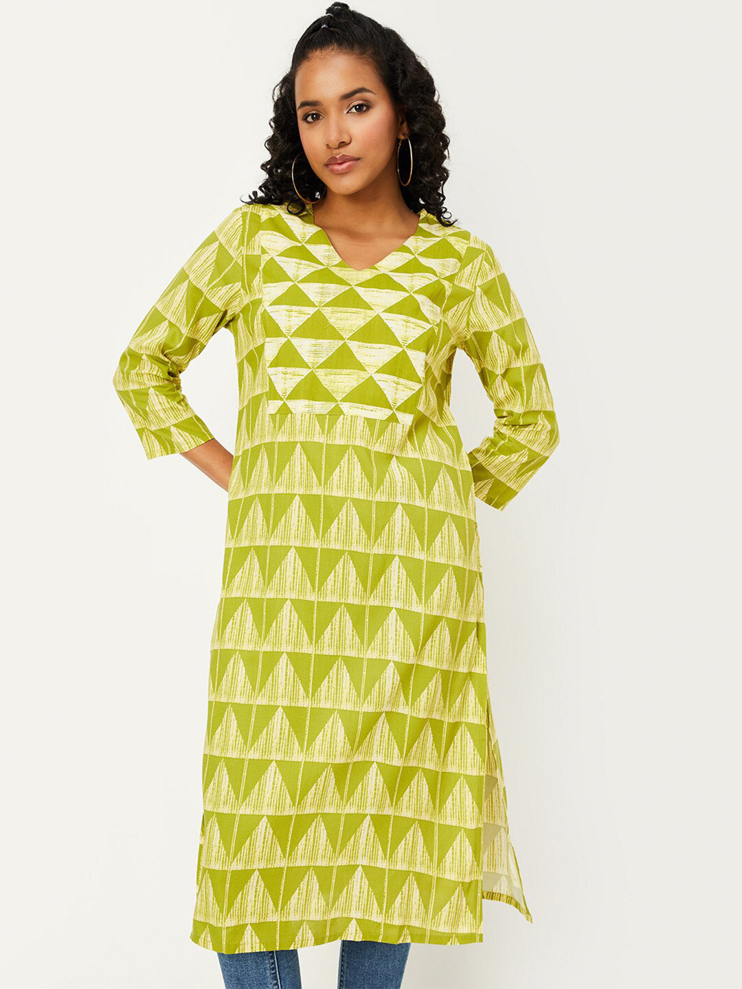 Buy Max Geometric Printed Yoke Design V Shaped Neck Straight Kurta ...