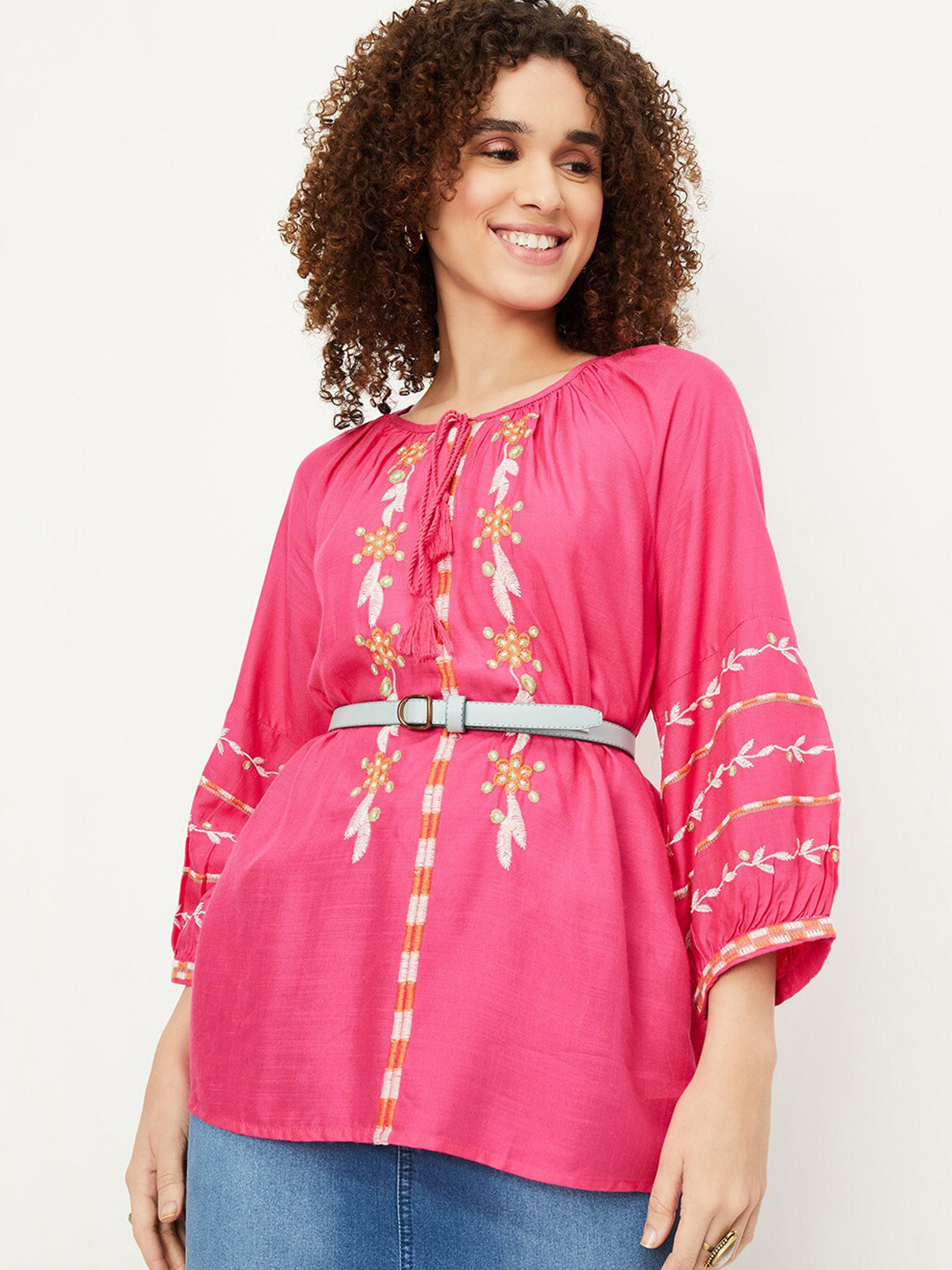 Buy Max Floral Embroidered Tie Up Neck Puff Sleeves Tunic - Tunics for ...