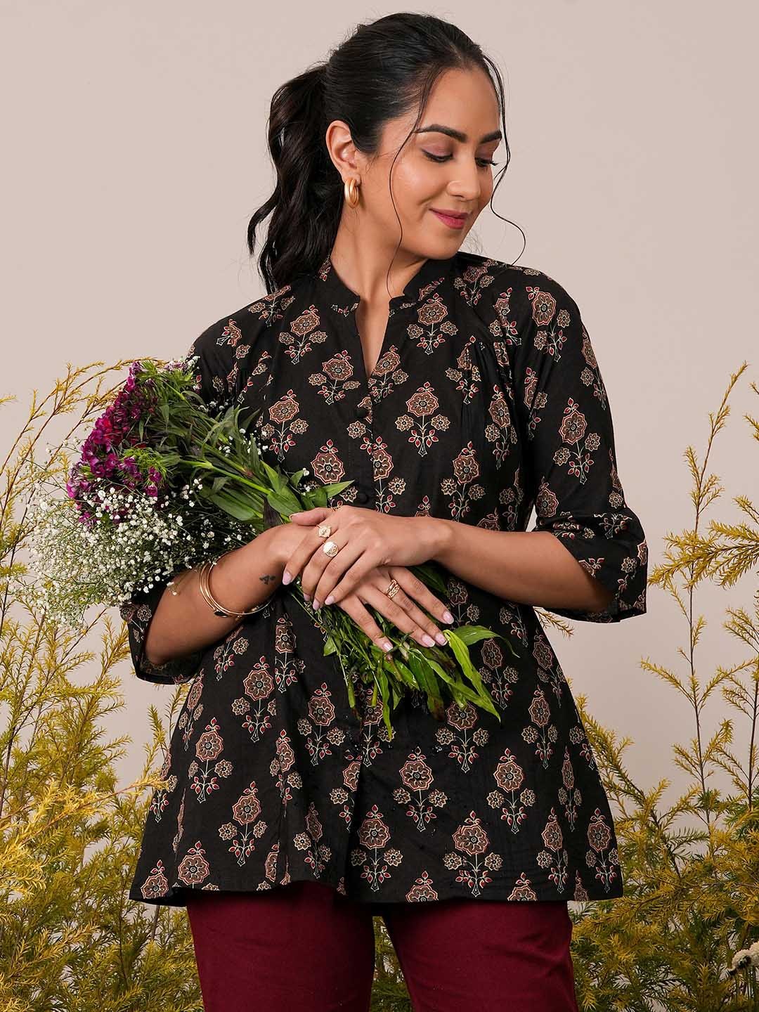 Buy Libas Ethnic Motifs Print Mandarin Collar Pure Cotton Panelled