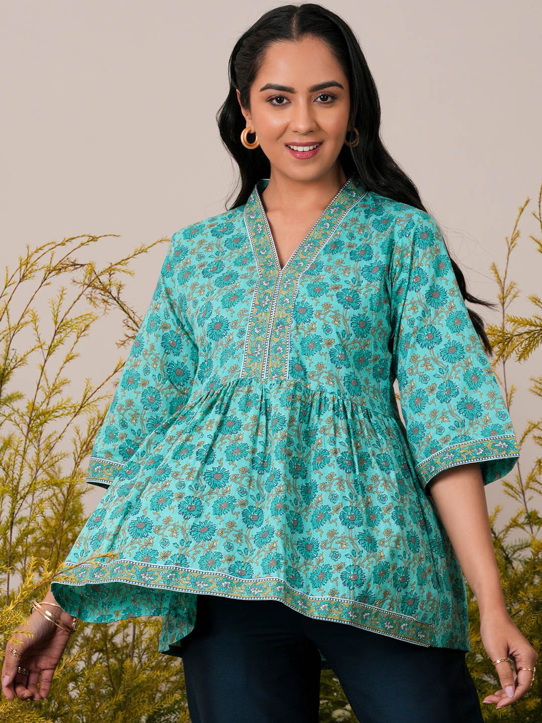 Buy Libas Floral Block Printed V Neck Flared Sleeves Pure Cotton ...