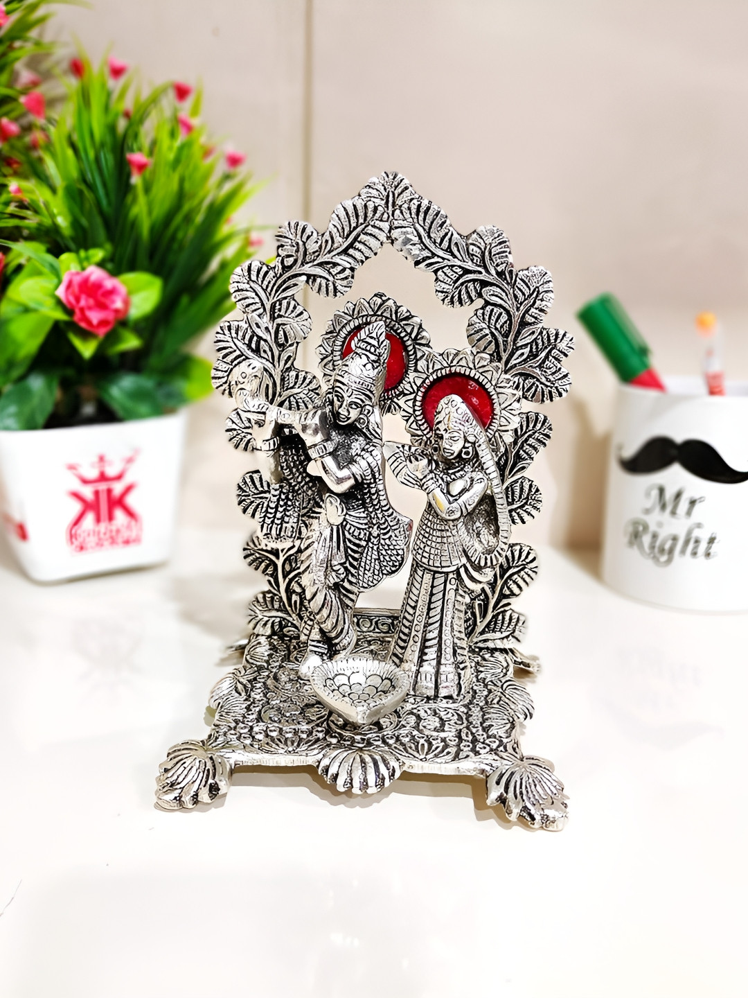 Buy Kridaykraft Silver Toned Metal Small Radha Krishna Flute Playing ...
