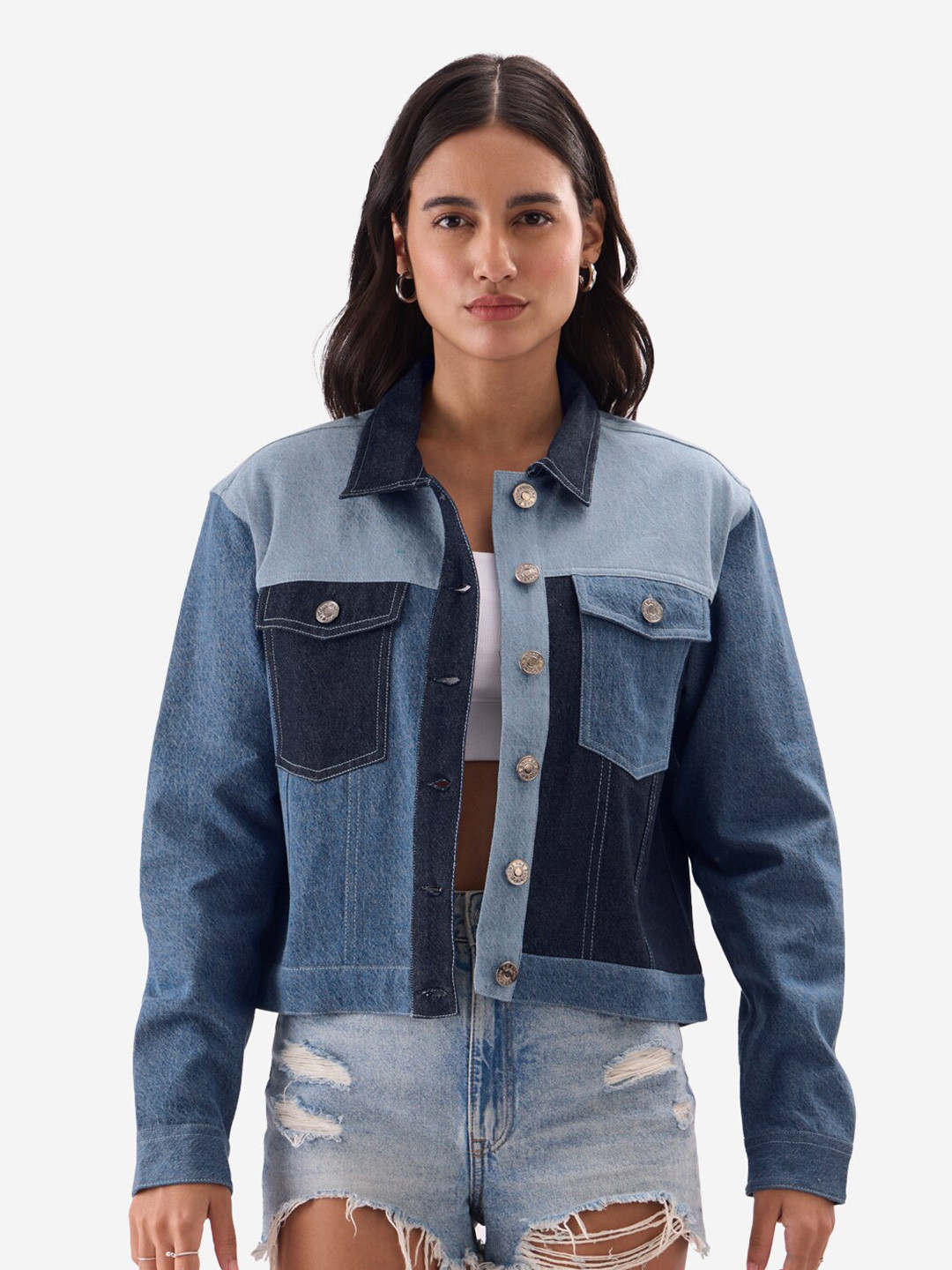 Buy The Souled Store Colourblocked Spread Collar Cotton Denim Jacket ...