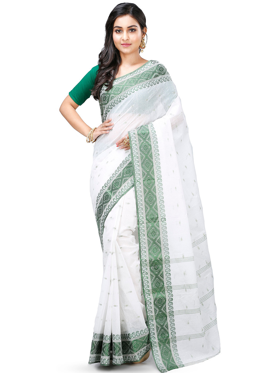 Buy PuJoy Ethnic Motif Woven Design Pure Cotton Handloom Taant Saree ...