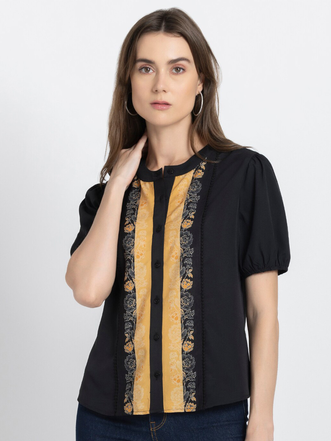 Buy SHAYE Relaxed Floral Printed Band Collar Short Sleeves Opaque ...