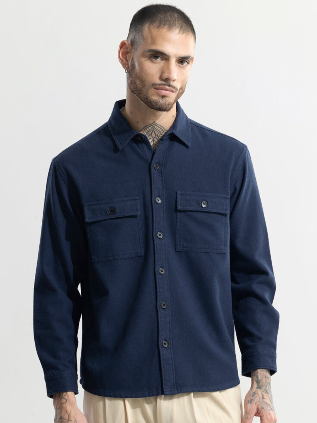 Buy Snitch Navy Blue Classic Tailored Fit Cotton Casual Shirt - Shirts ...