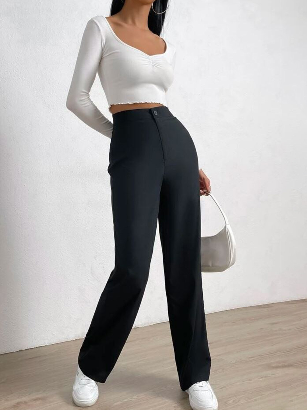 Buy Visit Wear Women Straight Fit High Rise Pleated Parallel Trousers ...