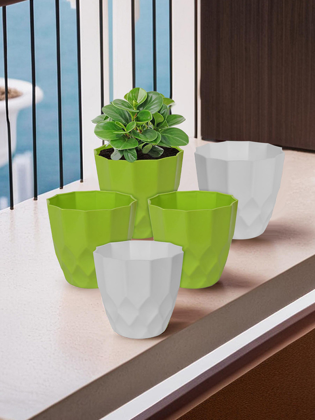 Buy Kuber Industries Green & White 5 Pieces Balcony Textured Planters ...