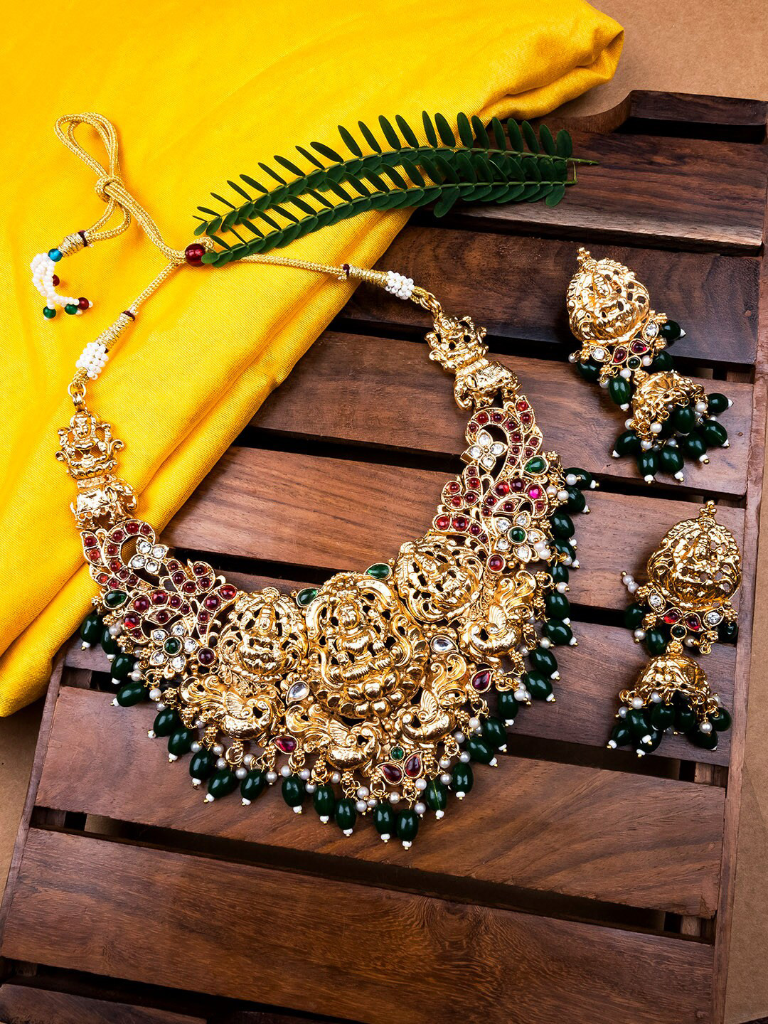 Buy StileAdda Gold Plated Stone Studded & Beaded Temple Jewellery Set ...