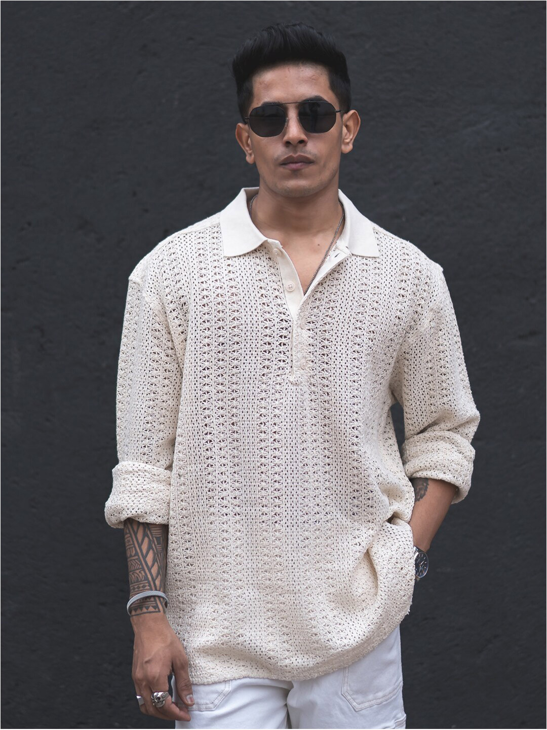 Buy Powerlook Cream Coloured Cotton Oversized Semi Sheer Knitted Casual ...