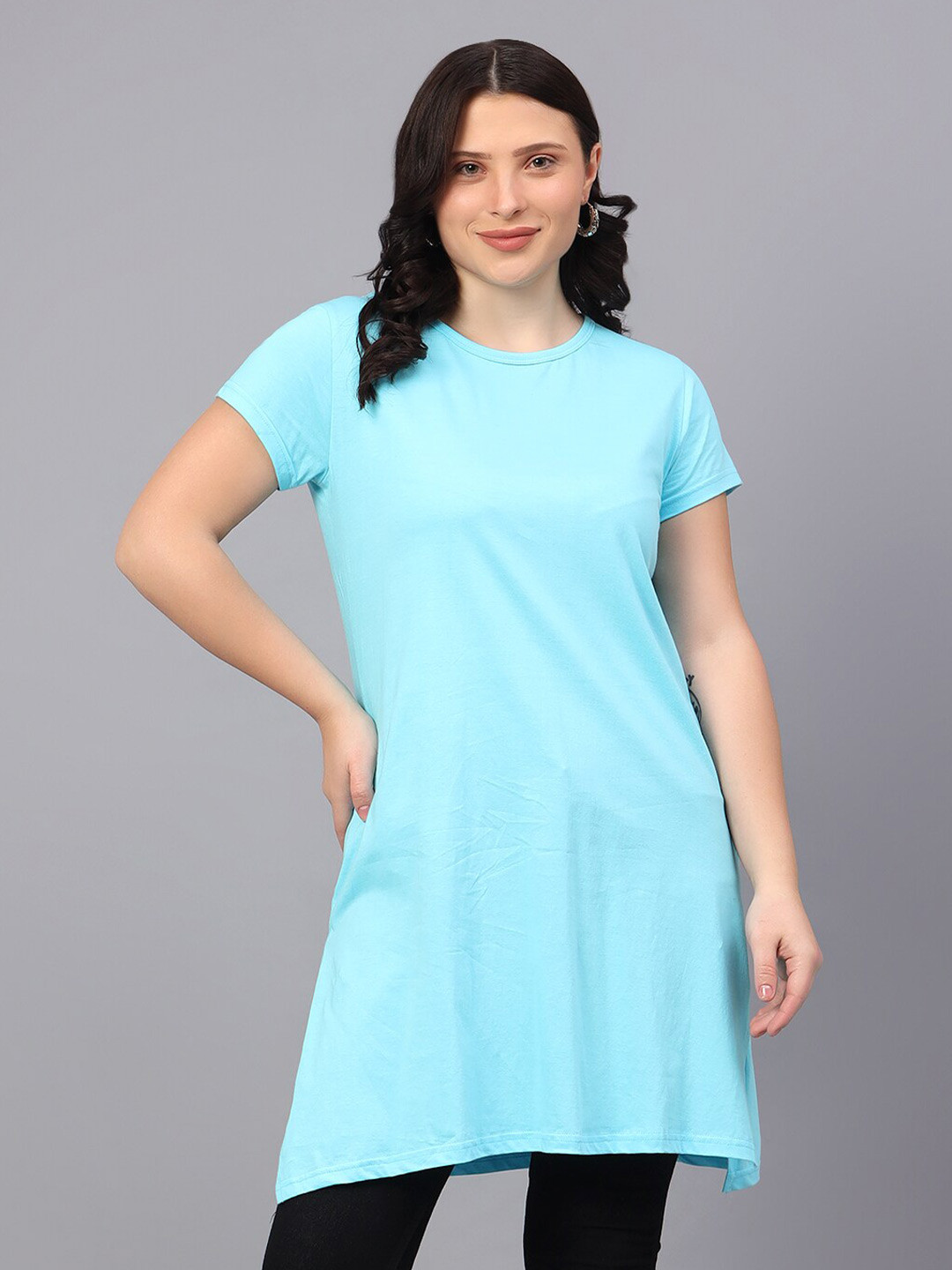 Buy Fleximaa Cotton Round Neck Half Sleeves Opaque Maxi Longline Top ...